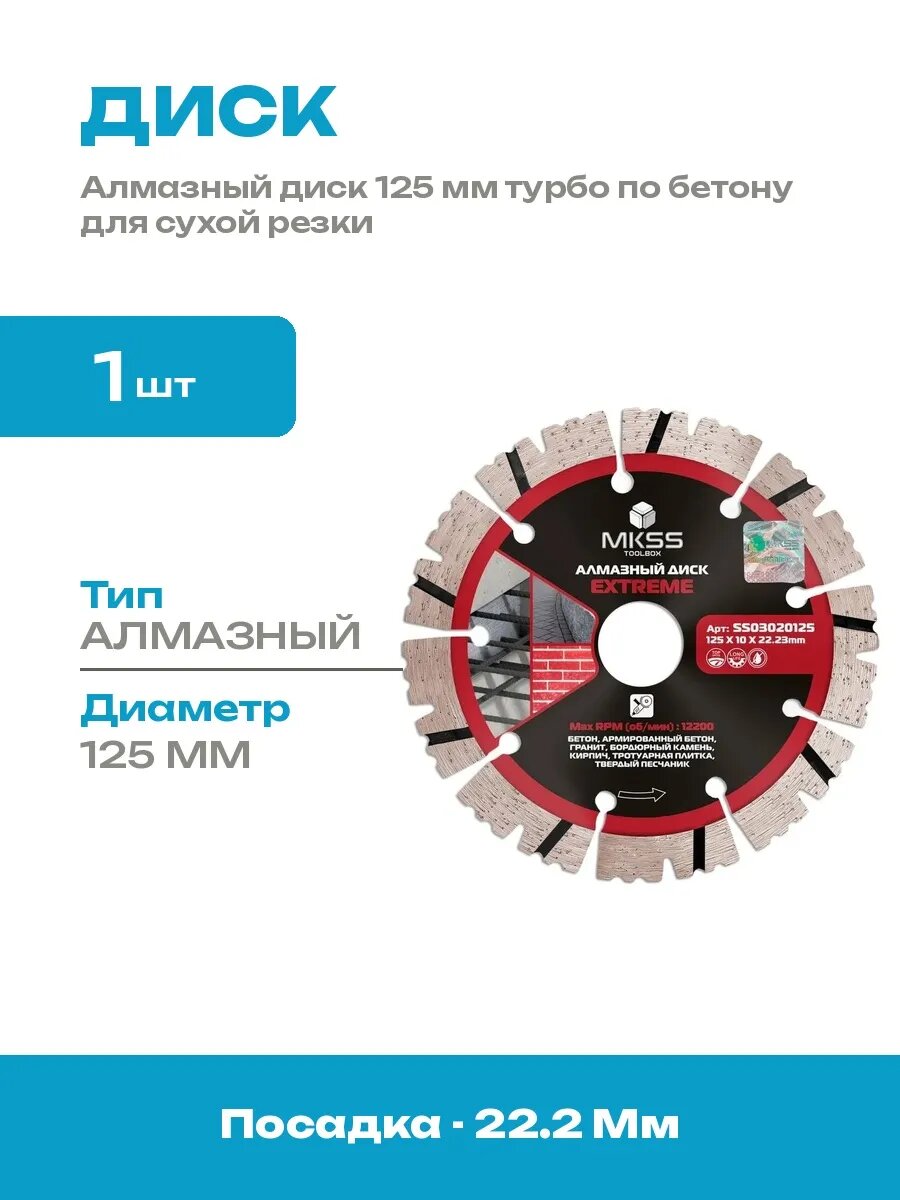 Диск алмазный 125 мм по армированному бетону сегментный