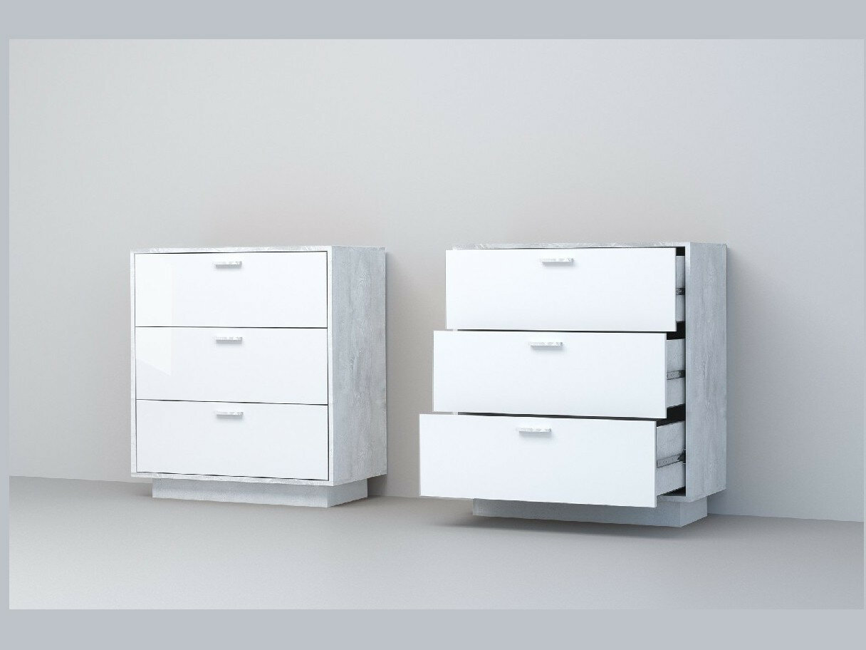 Комод К-3 ПД, в скандинавском стиле, Глянец Белый/Бетон Светлый