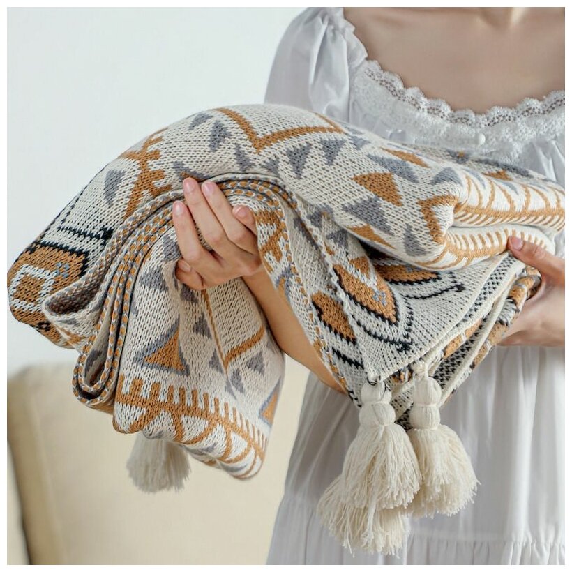 Плед "Геометрия", акрил, 170x130см, легкий, мягкий, нейтральный декор, шнур декоративный