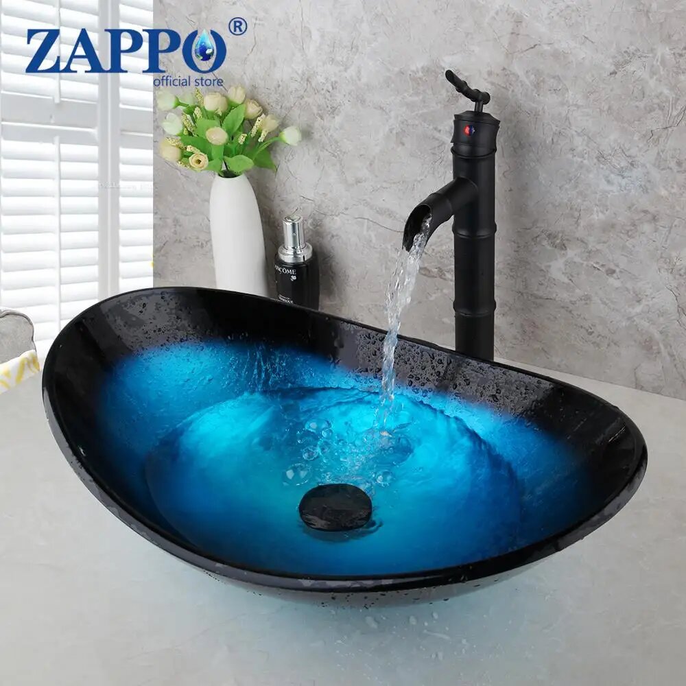 Ванна для ванной комнаты из закаленного стекла ZAPPO с водопадным черным краном, овальная синяя ванная ванна, раковина над счетчиком