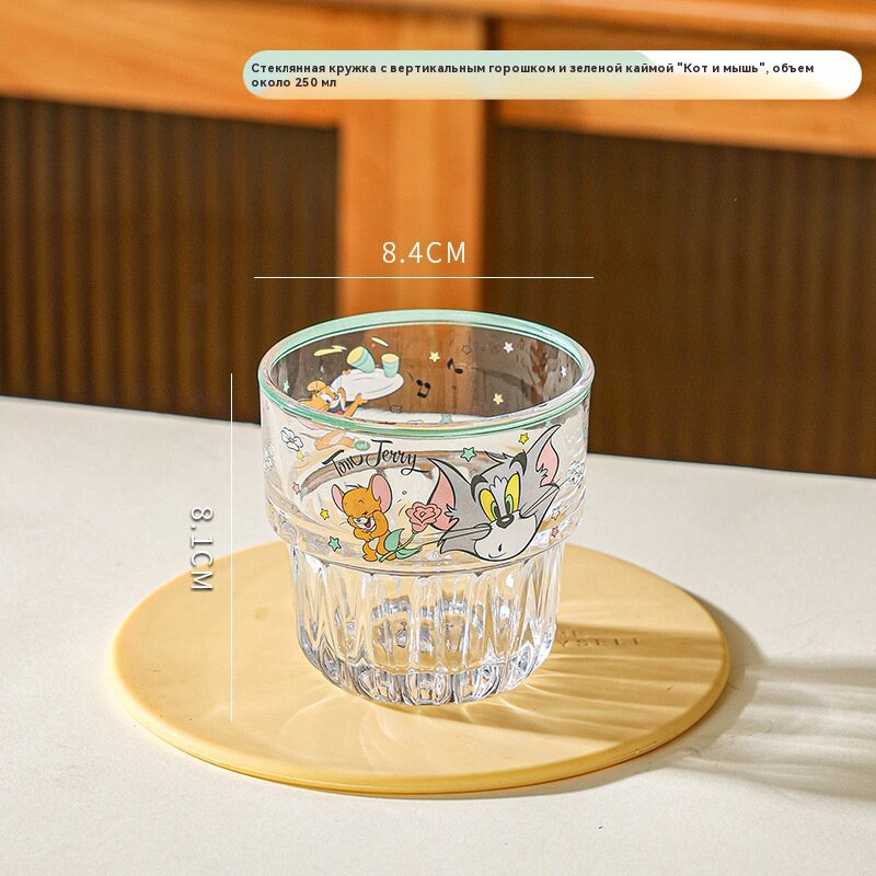 Tom and Jerry Стекло, Зеленый край, 1 шт, Стекло с мультяшным рисунком，8.4x8.1 см