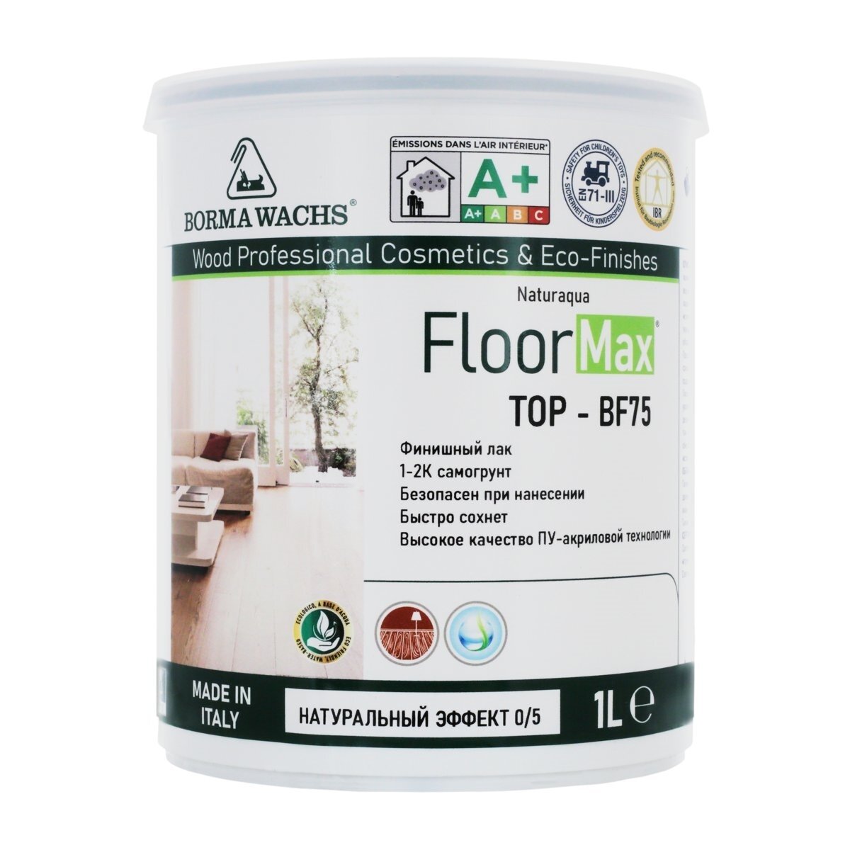 Паркетный лак на водной основе Borma Naturaqua Floormax Top BF75 1 л Натуральный эффект 0-5% NAT4165.1-5