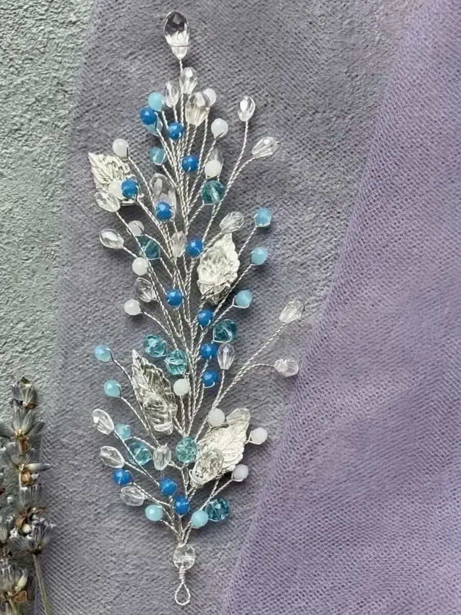 3062 Серебристая веточка невесты голубые кристаллы авторская