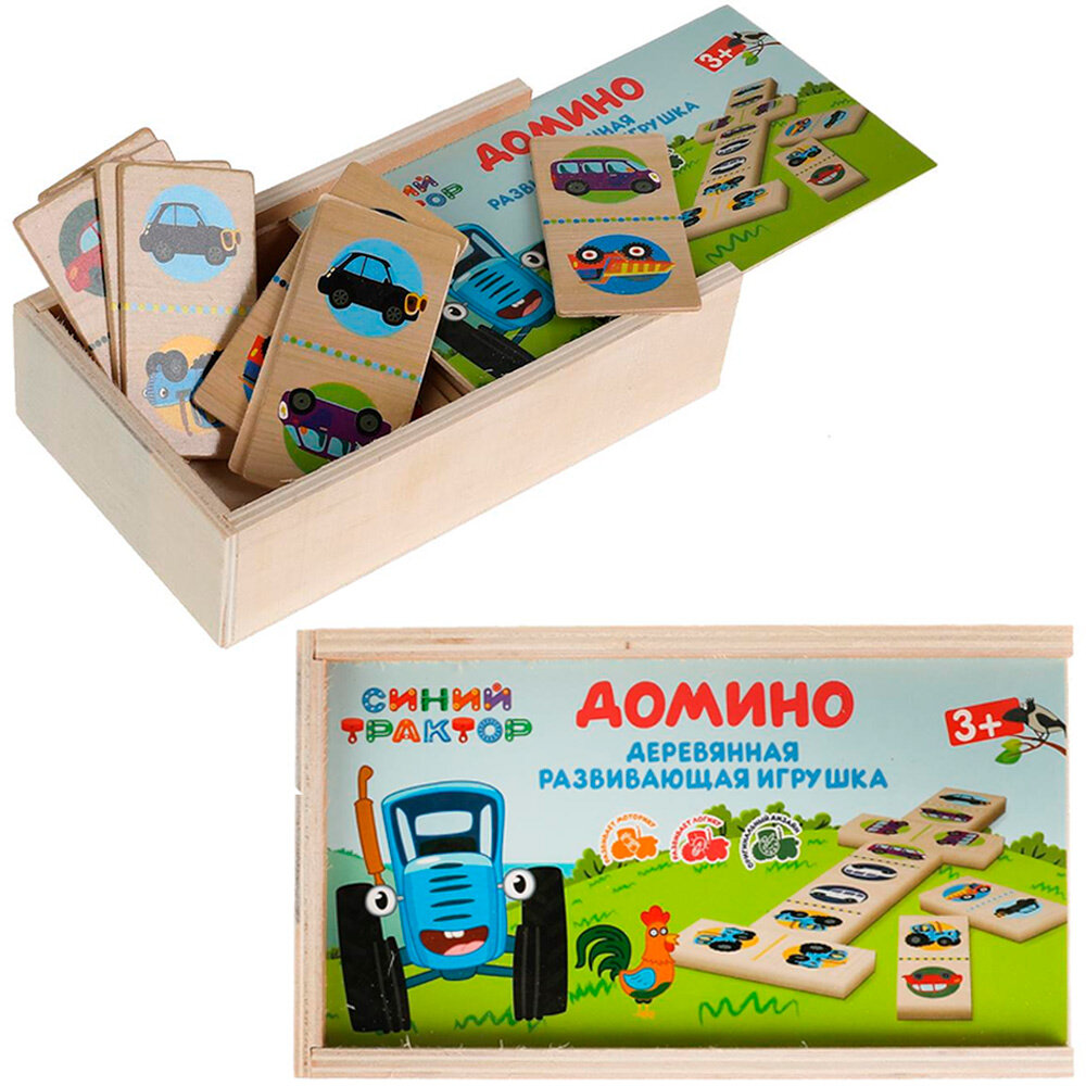 Настольная игра Играем вместе "Синий трактор", домино, дерево, 28 элементов.