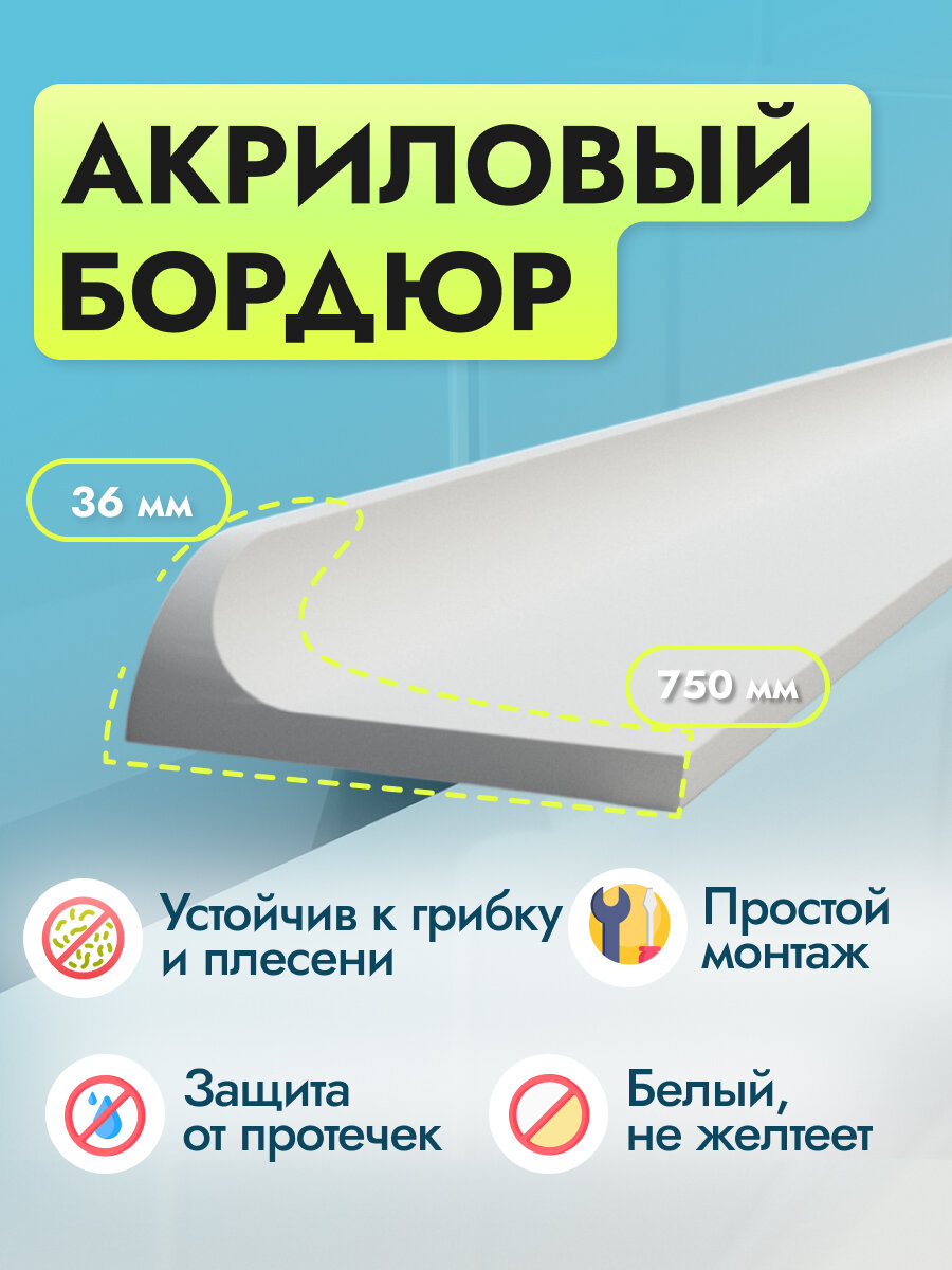 Акриловый бордюр для ванной Г36 длина 750 мм, ширина 3.6 см плинтус для ванны