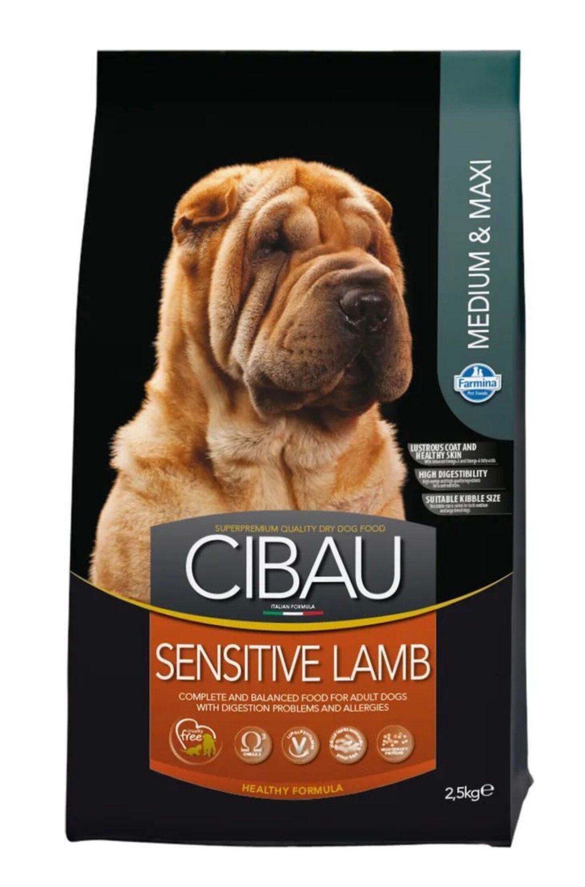 Корм сухой Farmina Cibau Sensitive Lamb Medium Maxi для собак средних и крупных пород с чувствительным пищеварением, ягнёнок, 2,5кг