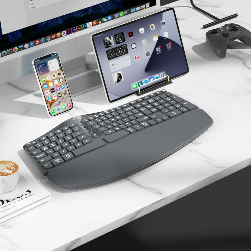 B.O.W Hasee K308DL Ergonomic Three-Mode Wired Wireless Bluetooth Charging Keyboard Notebook iPad Tablet Universal Silent Wrist Rest Keyboard Space Gray