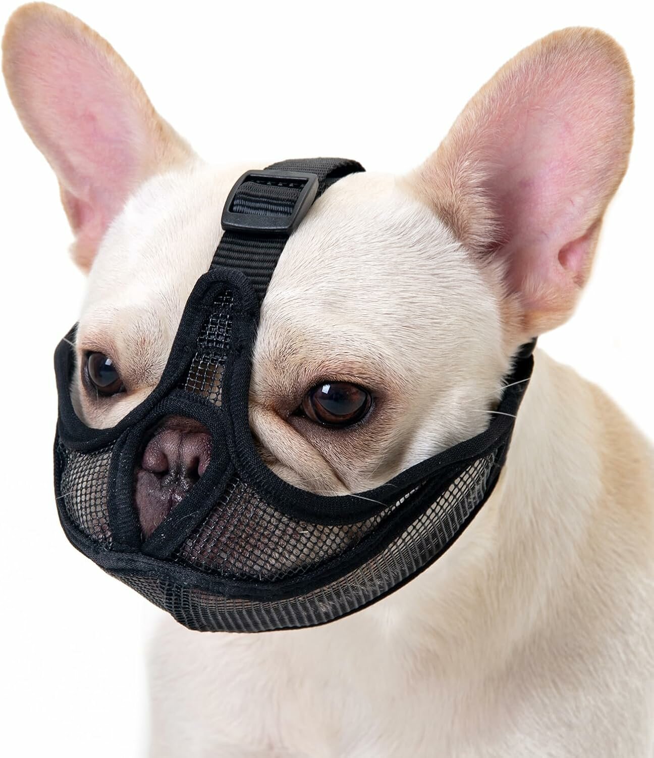 Short Snout Dog Muzzle with Soft Mesh, Breathable Won’t Cover Forehead Bulldog Muzzle, Anti Biting Chewing Barking for Small Medium Large Dogs(S, Black)