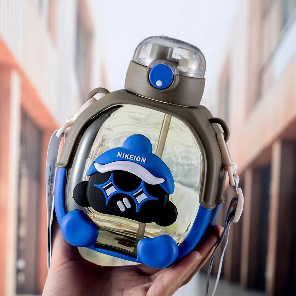 Новинка 2025 года, детская пластиковая посуда для двойного питья: соломинки, мультяшная, яркая энергетическая посуда, синяя, вместимость 1000 мл, переносной горшок