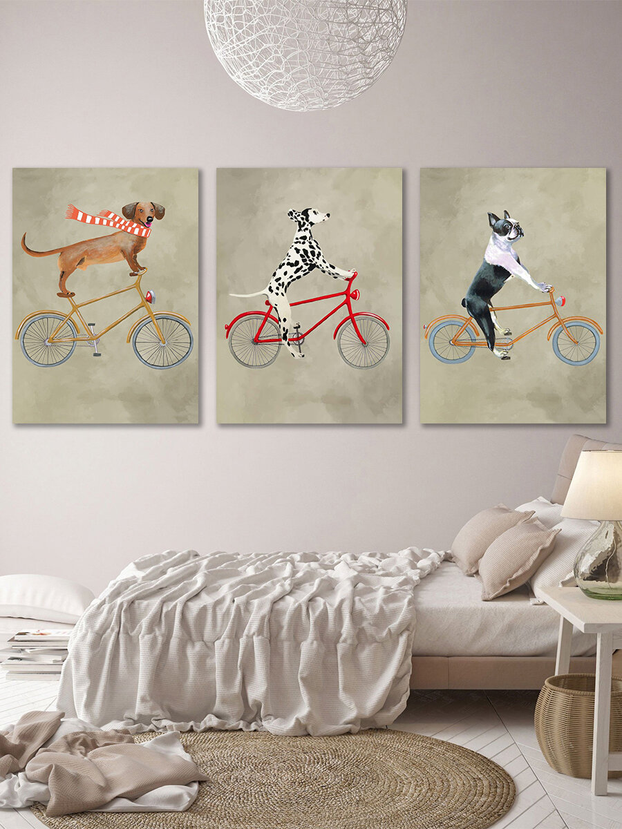 Картина модульная на стену / композиция из 3-х картин, "Собаки на велоспедах", 70х150 см.