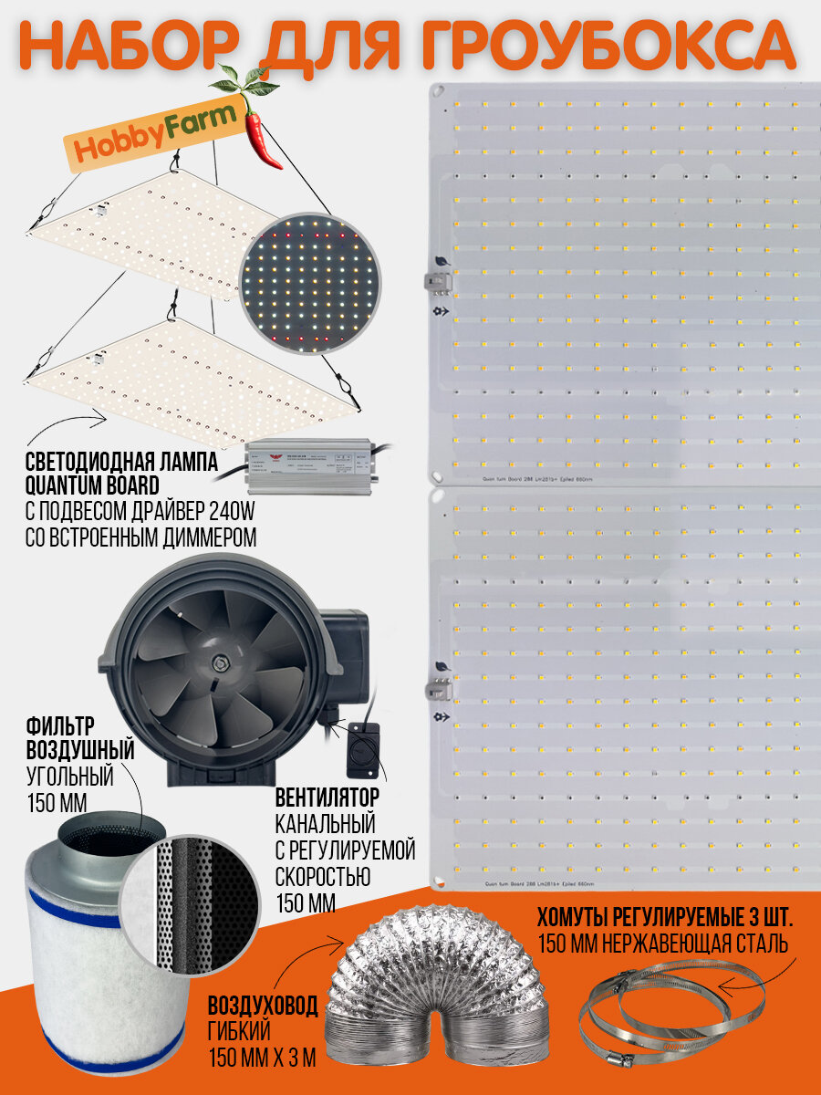 Набор для гроубокса HobbyFarm: светодиодная лампа Quantum board 240W, вентилятор, воздуховод, стальные хомуты, фильтр