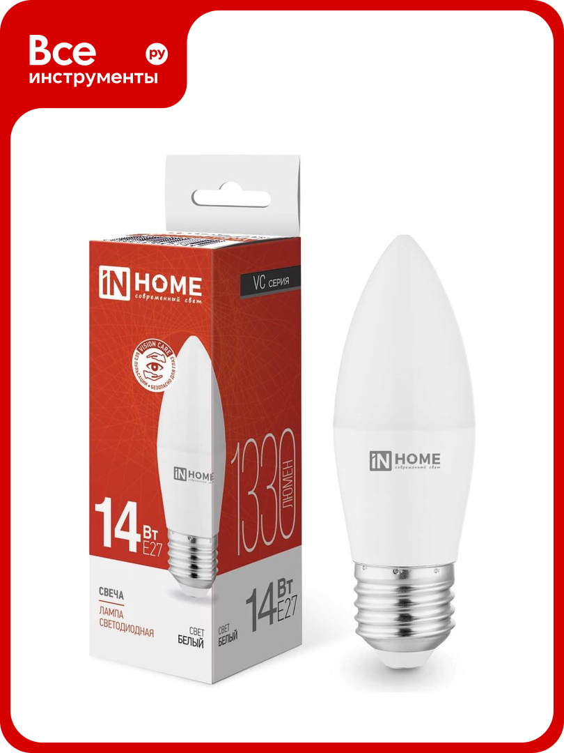 Лампа IN HOME сд LED-СВЕЧА-VC 14Вт 230В E27 4000K 1330Лм 4690612047744