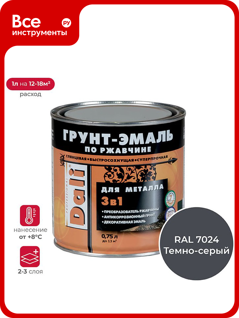 Графитовая грунт-эмаль по ржавчине DALI 3 в 1 серая Ral 7024, 0.75 л, защитно