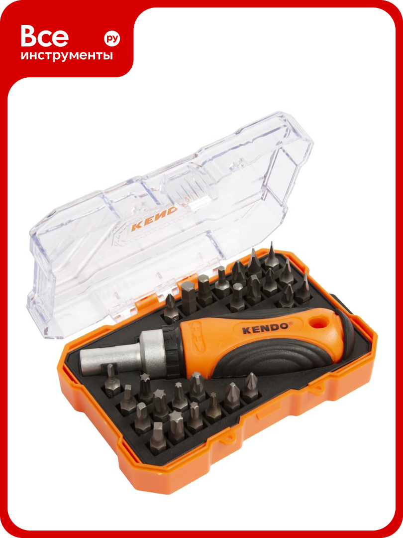 Отвертка с трещоткой и набором бит KENDO 27 предметов 20665, пластиковый