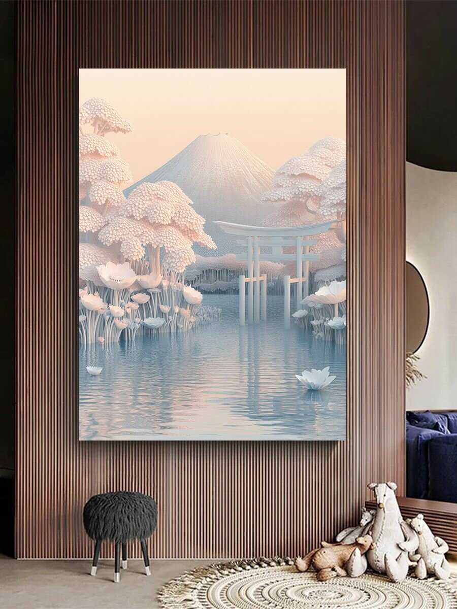 Картина интерьерная на стену - "Пейзаж в японском стиле / гора Фудзи и сакура" , 60х80 см.