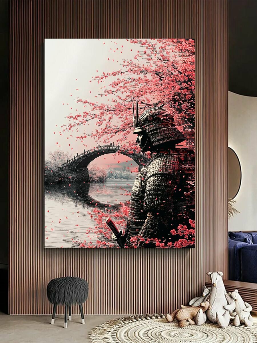 Картина на холсте - "Японский стиль / Самурай и сакура" , 30х40 см.