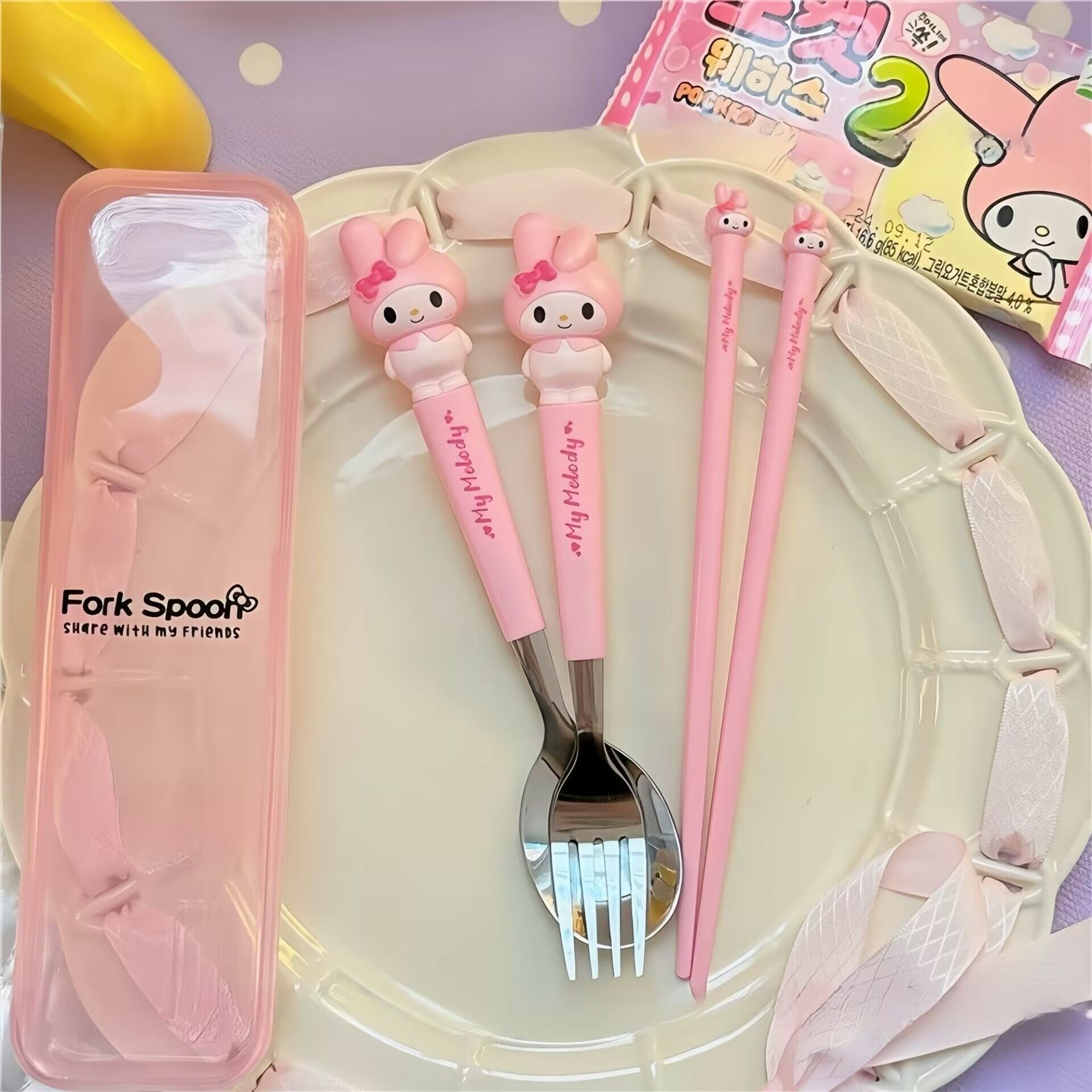 Посуда Sanrio Hello Kitty Melody Kuromi с силиконовой ручкой