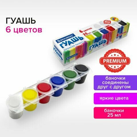 5 шт, Гуашь BRAUBERG "PREMIUM", 6 цветов по 25 мл, 191699