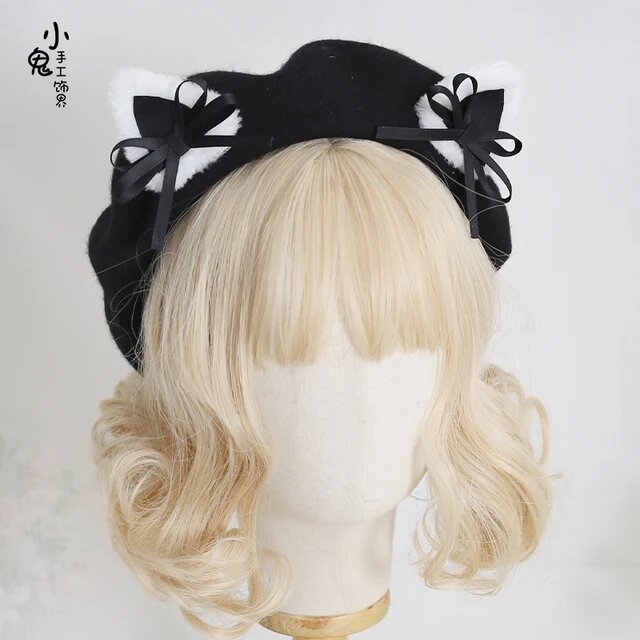 Женская шерстяная берета с бантом кошачьими ушками