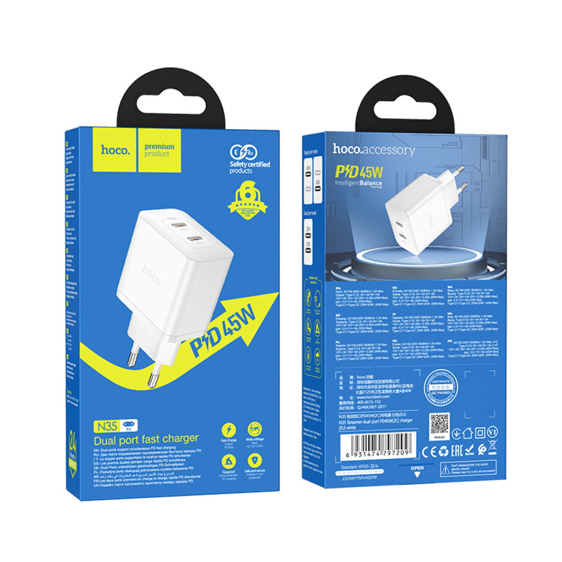 Зарядное устройство Hoco N35, PD45W, EU, с защитой от перенапряжения