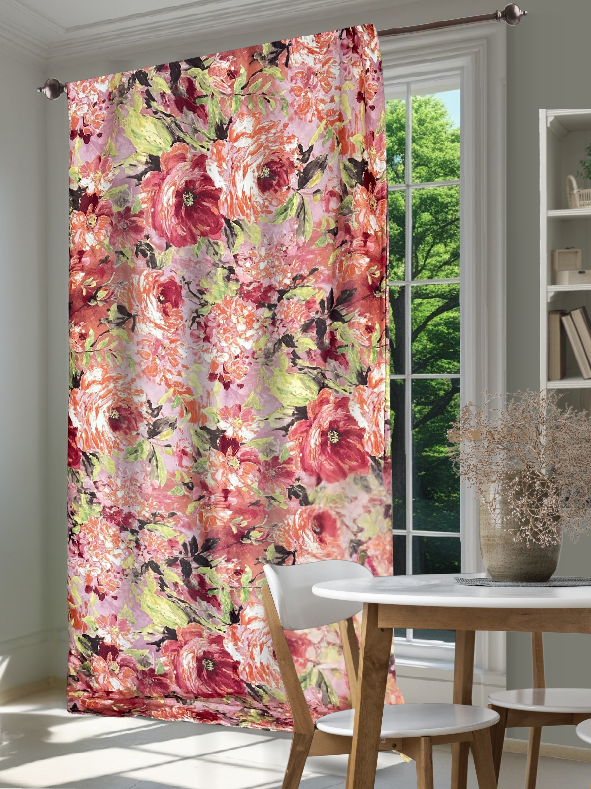 Штора блэкаут с рисунком для спальни и гостиной "Галант Шторы" 150х270 - 1 шт, на ленте, бордовый-зеленый, цветы.