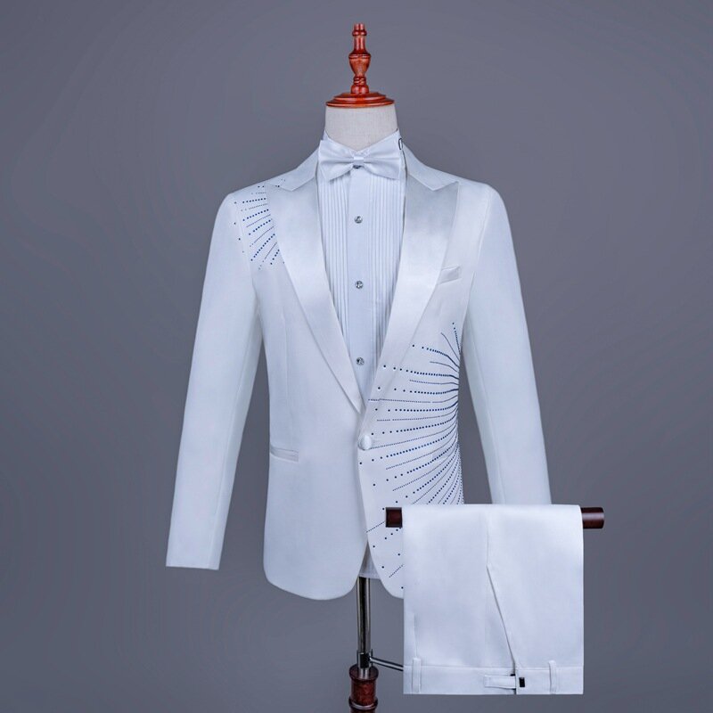 Костюмы для хора, для мужчин, белый с синими бриллиантами, размер S