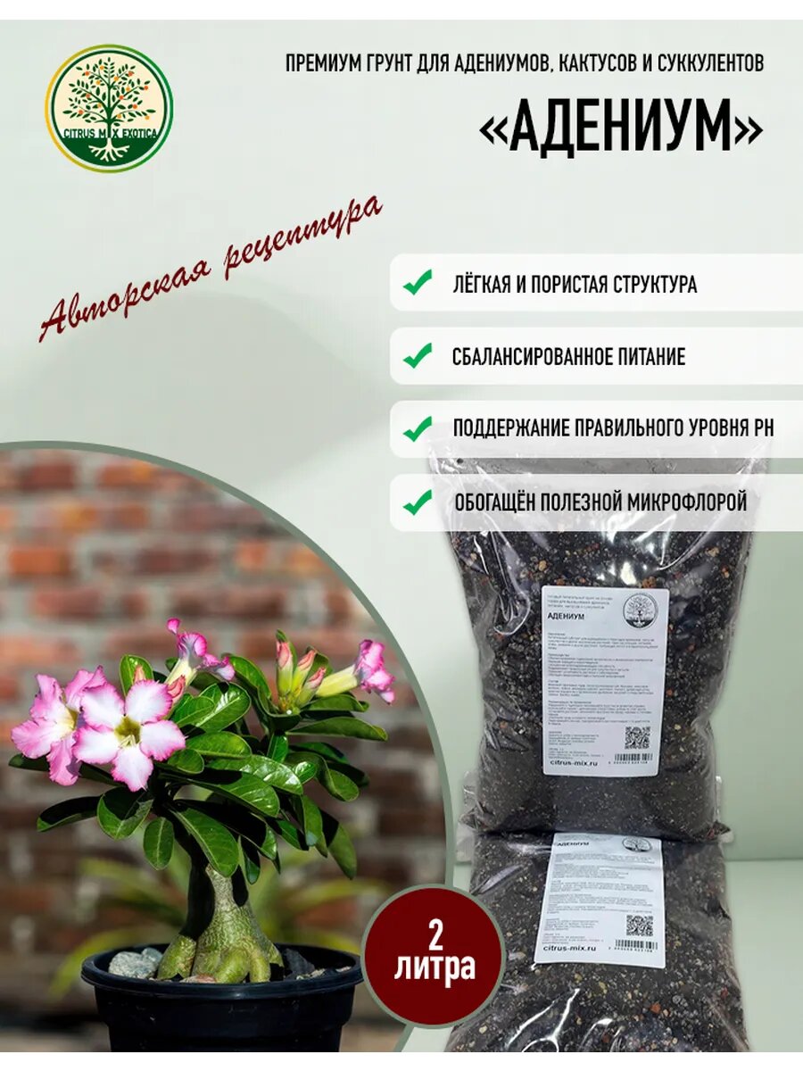 Грунт "Адениум", для адениума, кактусов, суккулентов, на основе торфа, 2 л