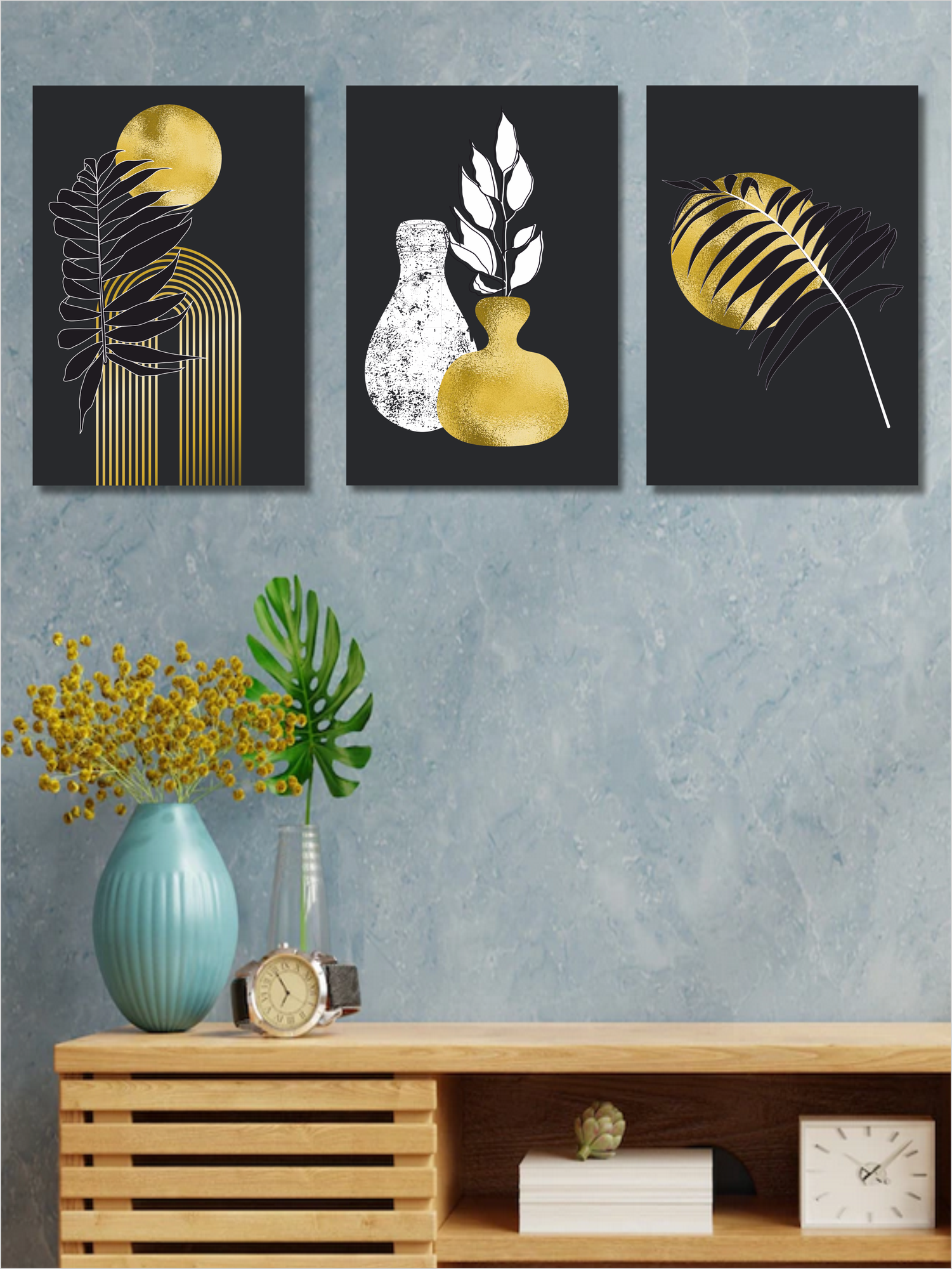 Модульная интерьерная картина " Золотой натюрморт на черном ", натуральный холст на подрамнике, размер 40х60см - 3 шт