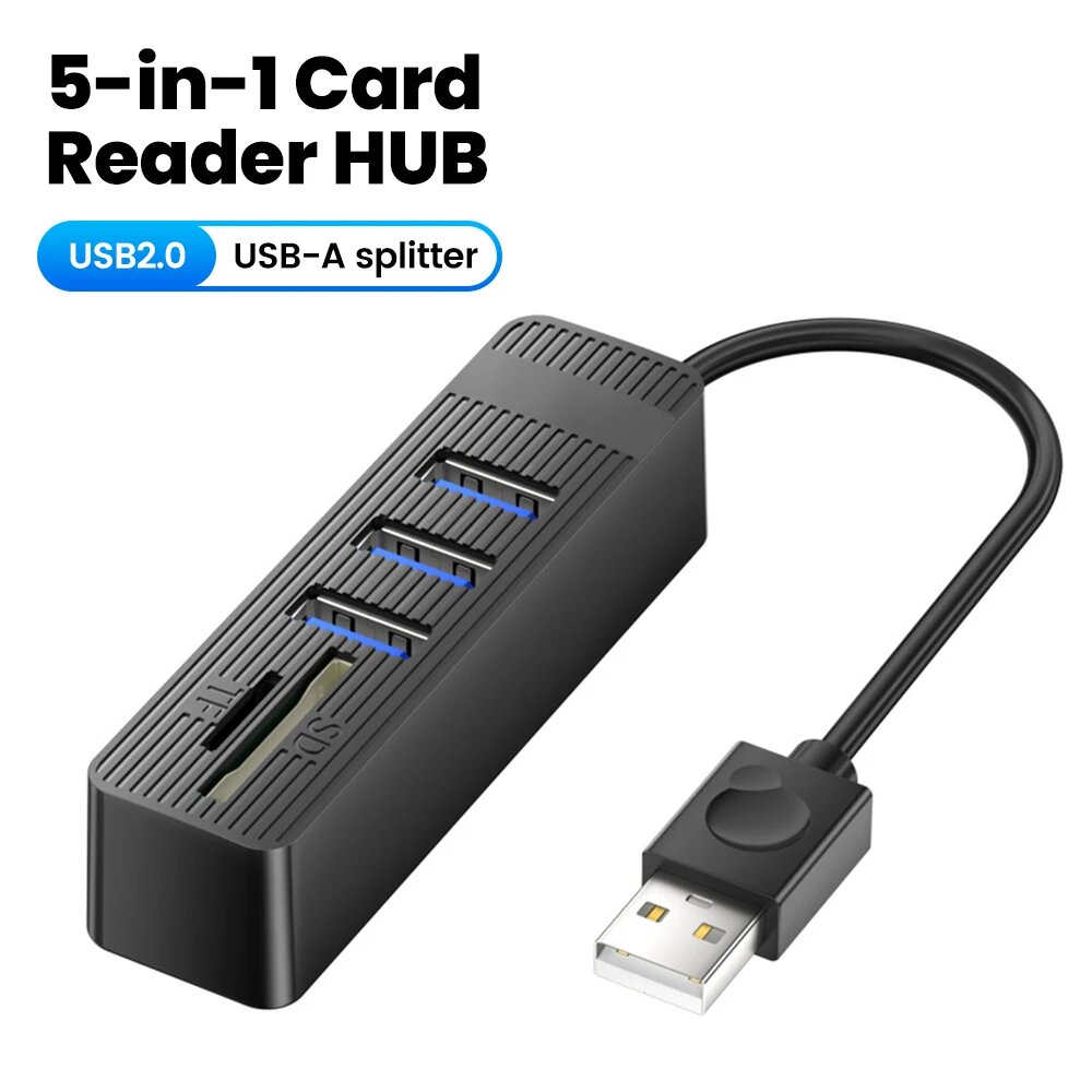 USB-хаб 5-в-1 с кардридером SD/TF черный