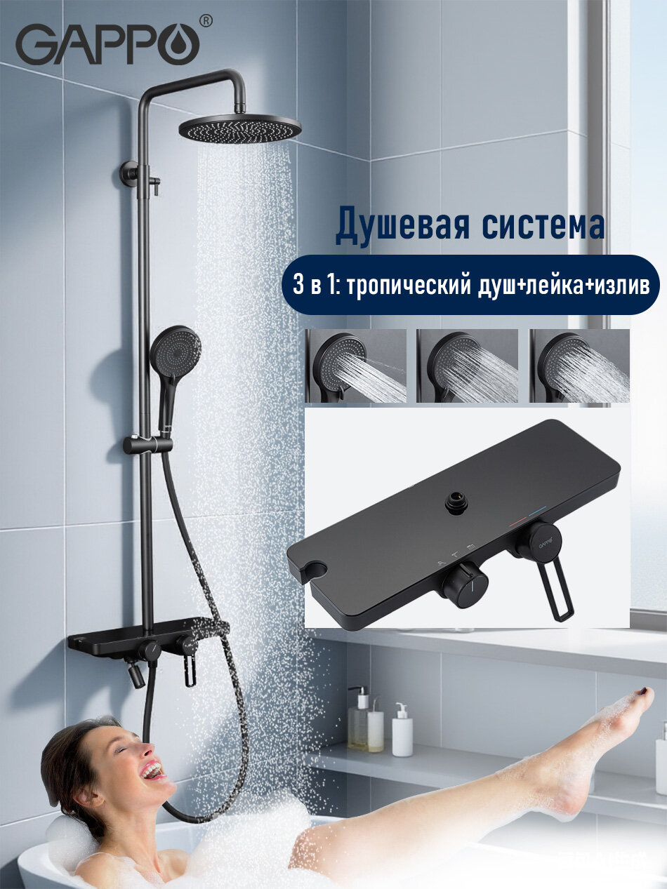 Душевая стойка GAPPO Y2400035-1, регулировка температуры и холодного, с полочкой, чёрная