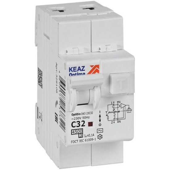Дифференциальный автомат Кэаз 2п с защитой от сверхтоков OptiDin D63-23C32-AC-У3 C32 100мА 4.5кА, 328108