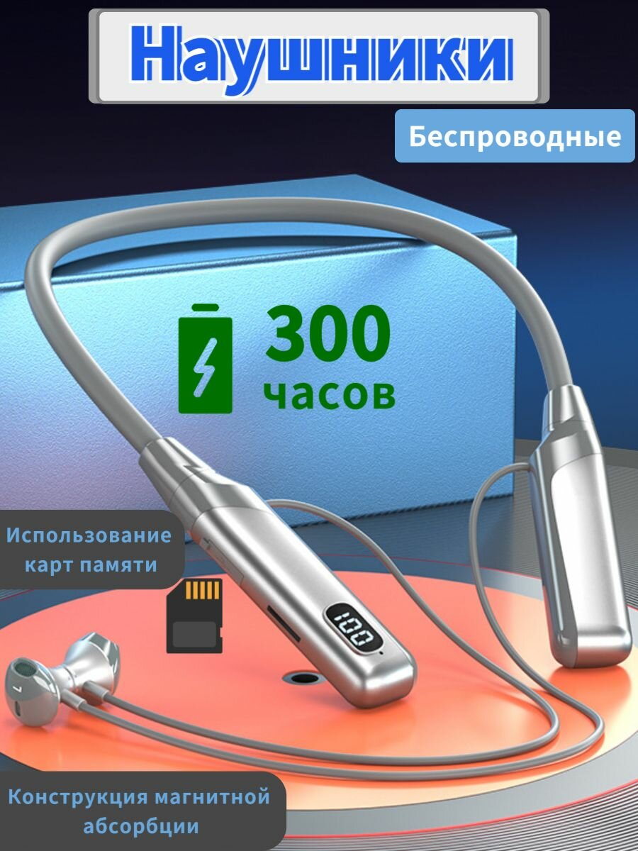 Спортивные наушники с шейным ободом, беспроводные наушники Bluetooth 5,3, наушники с монитором Hi-Fi , серебристый