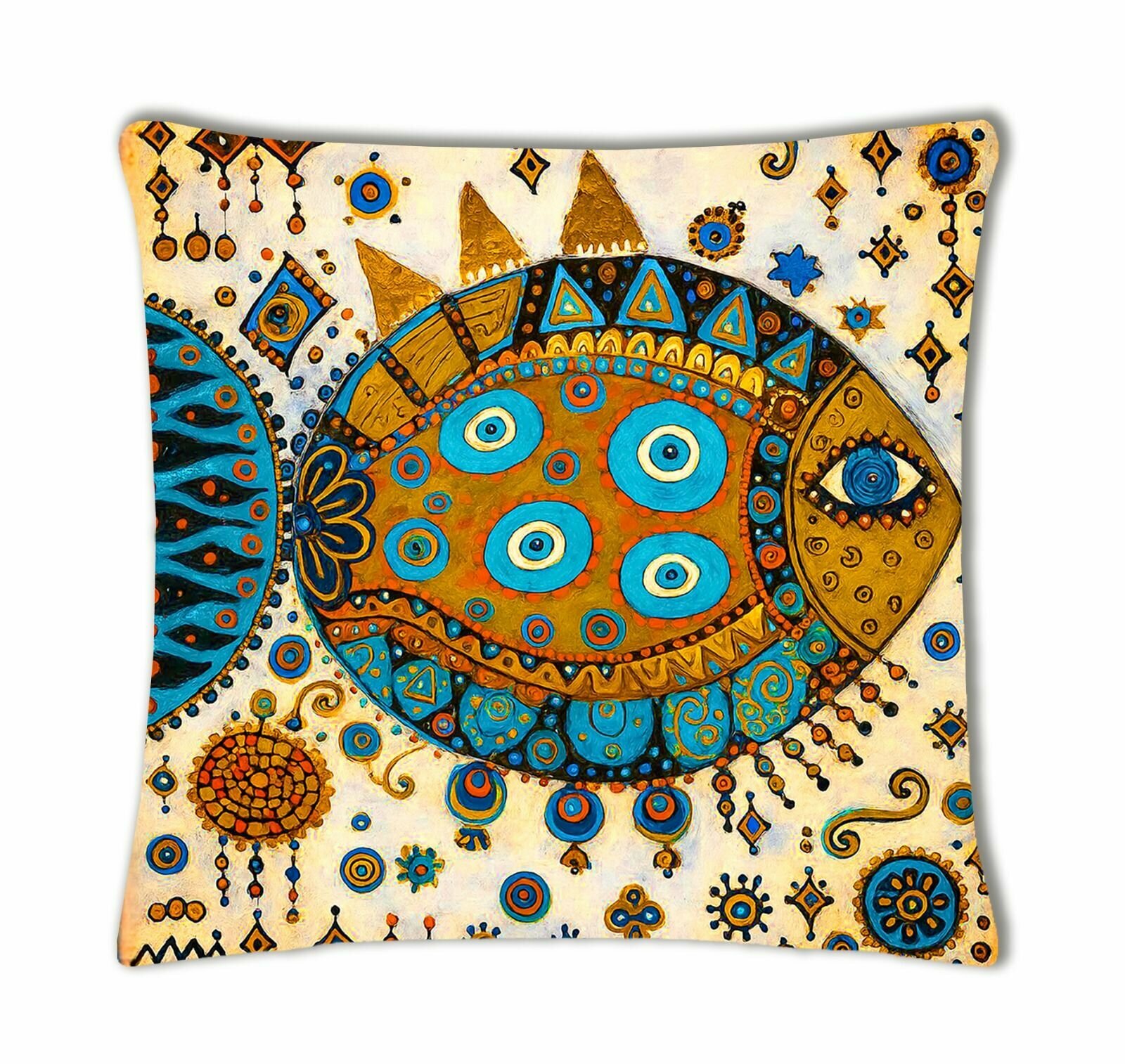 Подушка декоративная Синяя рыбка солнце 40х40 велюр