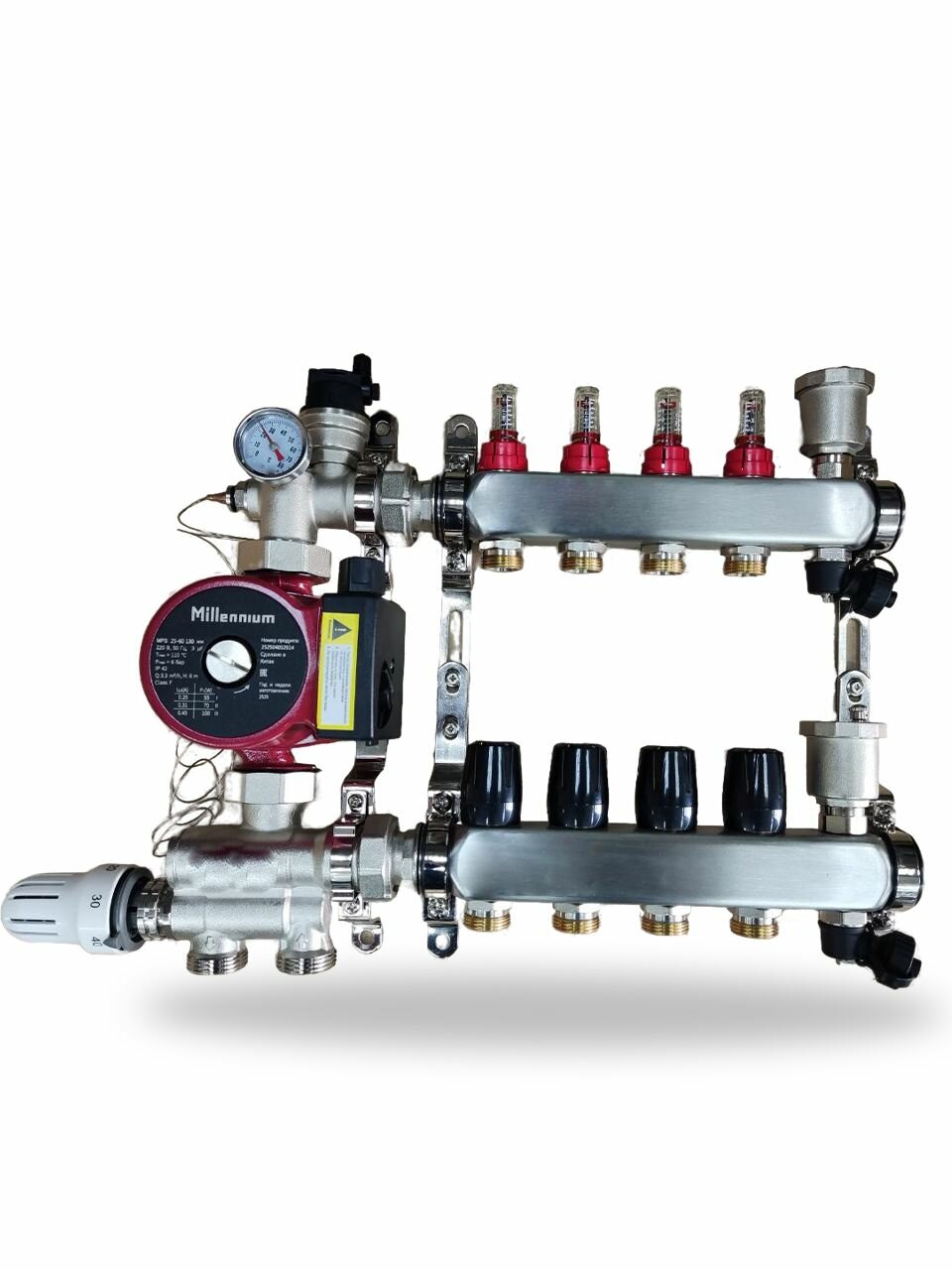 Коллекторная группа для теплого пола на 4 контура с насосом MPS 25-60, смесительным узлом от 20-60С и евроконусами до 60 кв/м Millennium