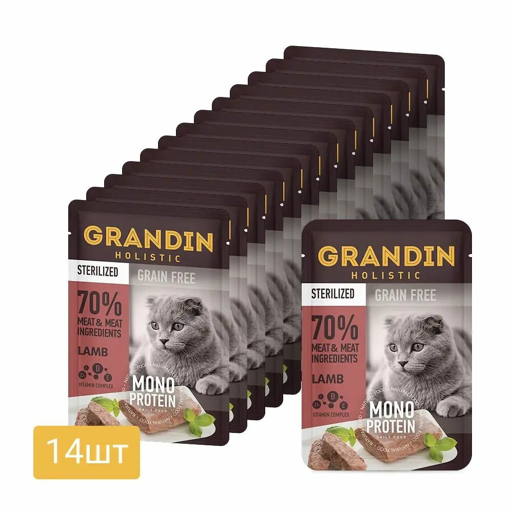 Grandin Sterilized Grain free Monoprotein Влажный корм (пауч) для взрослых стерилизованных кошек, патэ из нежного мяса ягненка в желе, 85 гр.