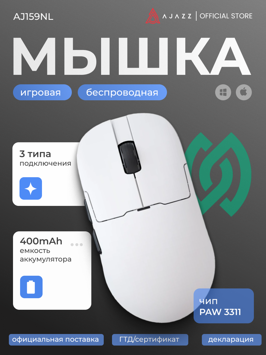 Игровая беспроводная мышь AJAZZ AJ159 NL, белая, 3 типа подключения, Pixart PAW 3311, 400mAh