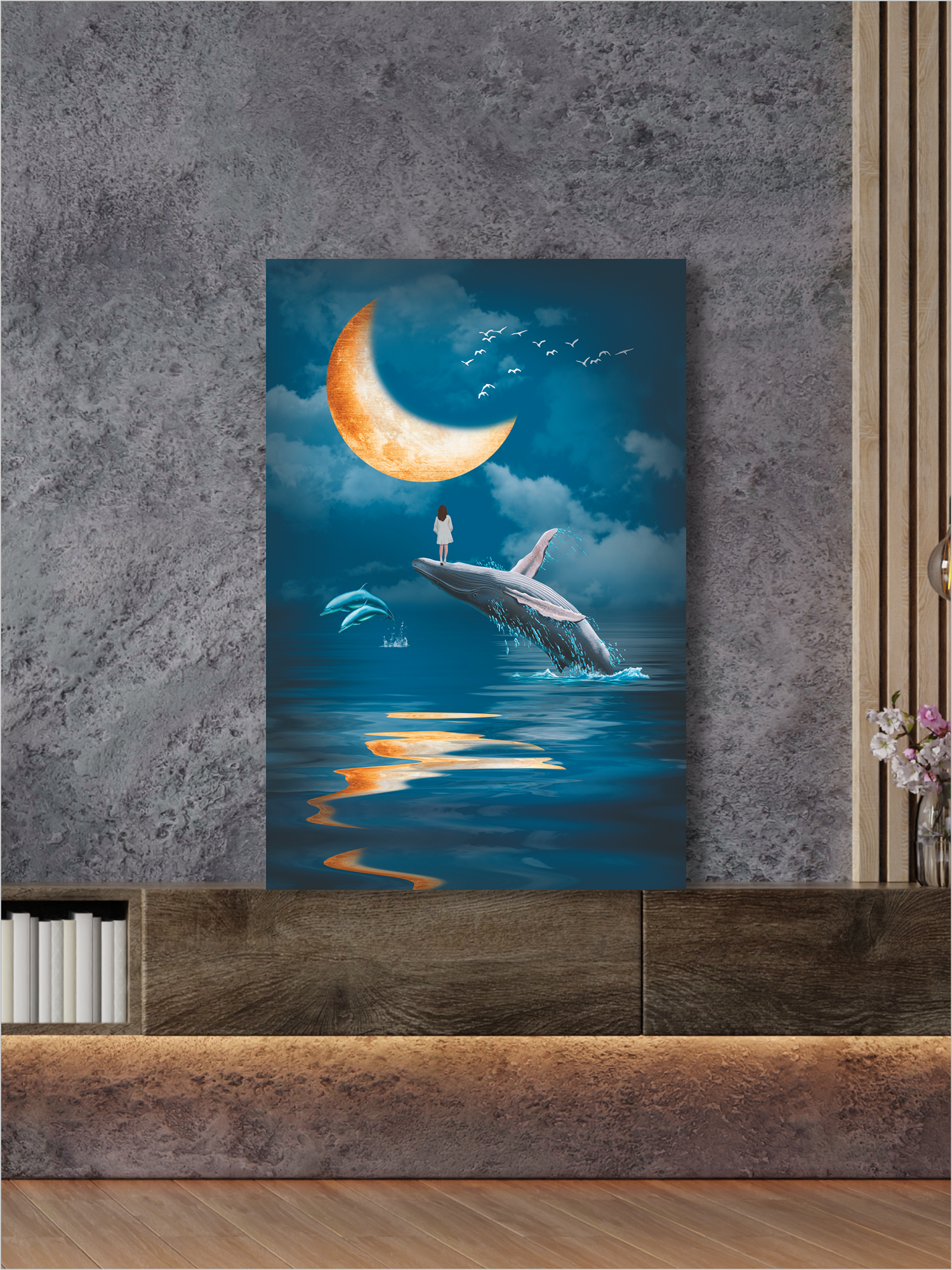 Картина для интерьера на стену вертикальная, фэнтези Девушка и кит, Art IrbisPrint, 50х70 см, холст на подрамнике 20 мм
