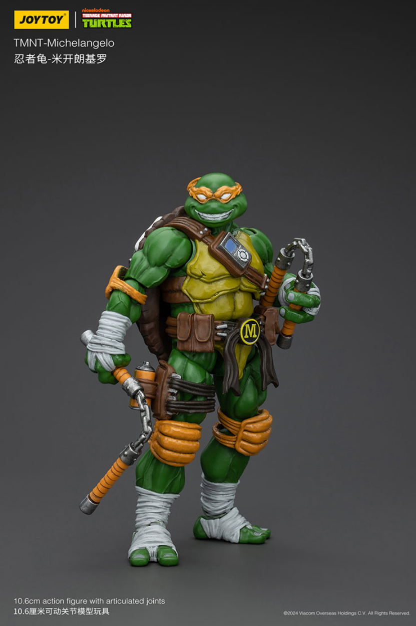 Фигурка JOYTOY "TMNT Michelangelo", цветная, интерактивная, подарочная упаковка, ПВХ, 10,6см.