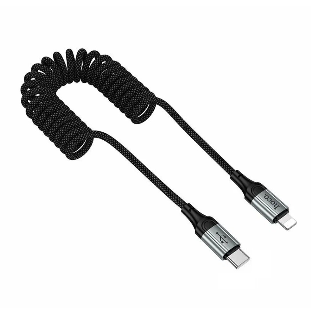Кабель Type-C Lightning для Айфона Hoco X121 витая пружинка, нейлон, 27W, 1.5 метра, черный