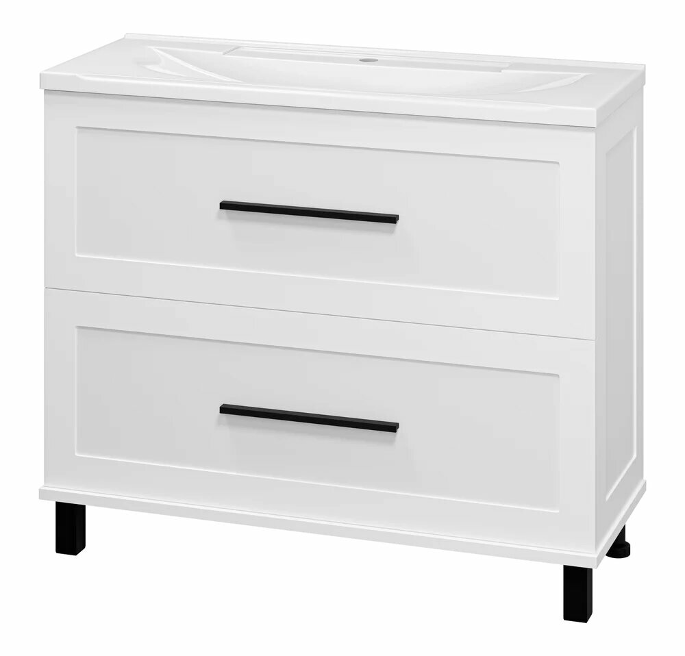 Тумба с раковиной Misty Модерн 100 напольная, 99 см, белая, матовая, из МДФ, с ящиками, раковина для ванной, из искусственного мрамора, прямоугольная