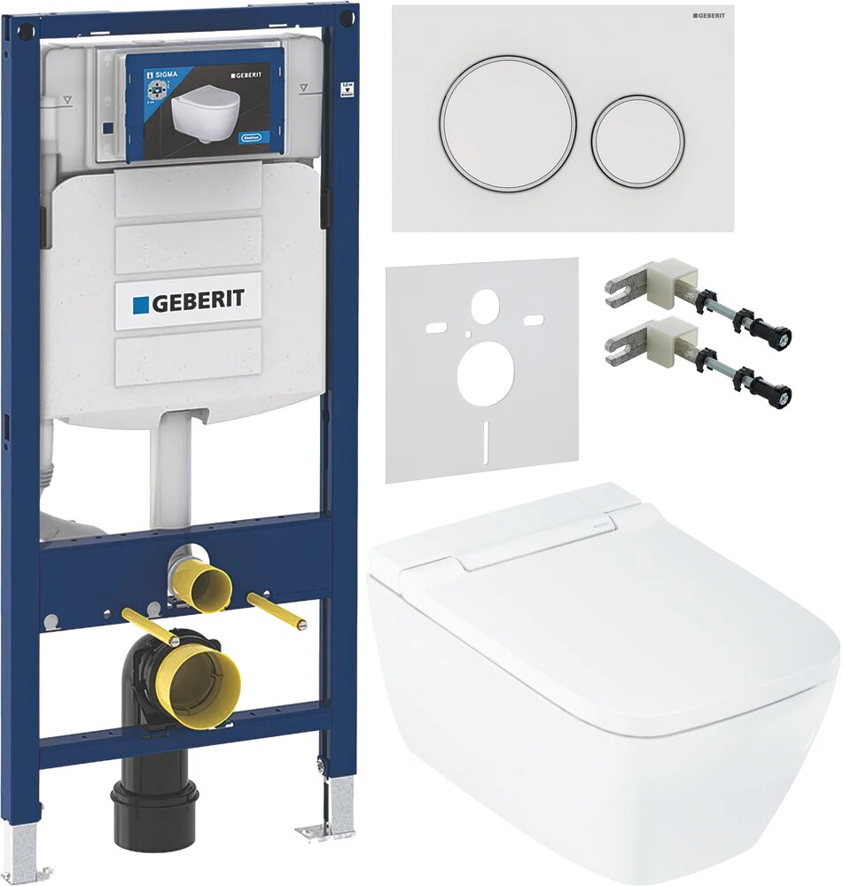 Комплект Умный подвесной Geberit AquaClean Sela Square безободковый, с биде, белый / Инсталляция Duofix UP 320 111.300.00.5 / Кнопка белая, Звукоизоляция, Крепление к стене