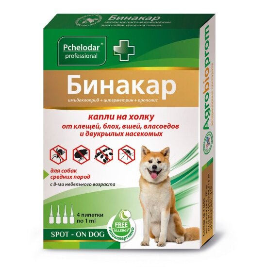 Капли Пчелодар Бинакар инсектокарицидные для собак средних пород, 4пип. по 1,0мл