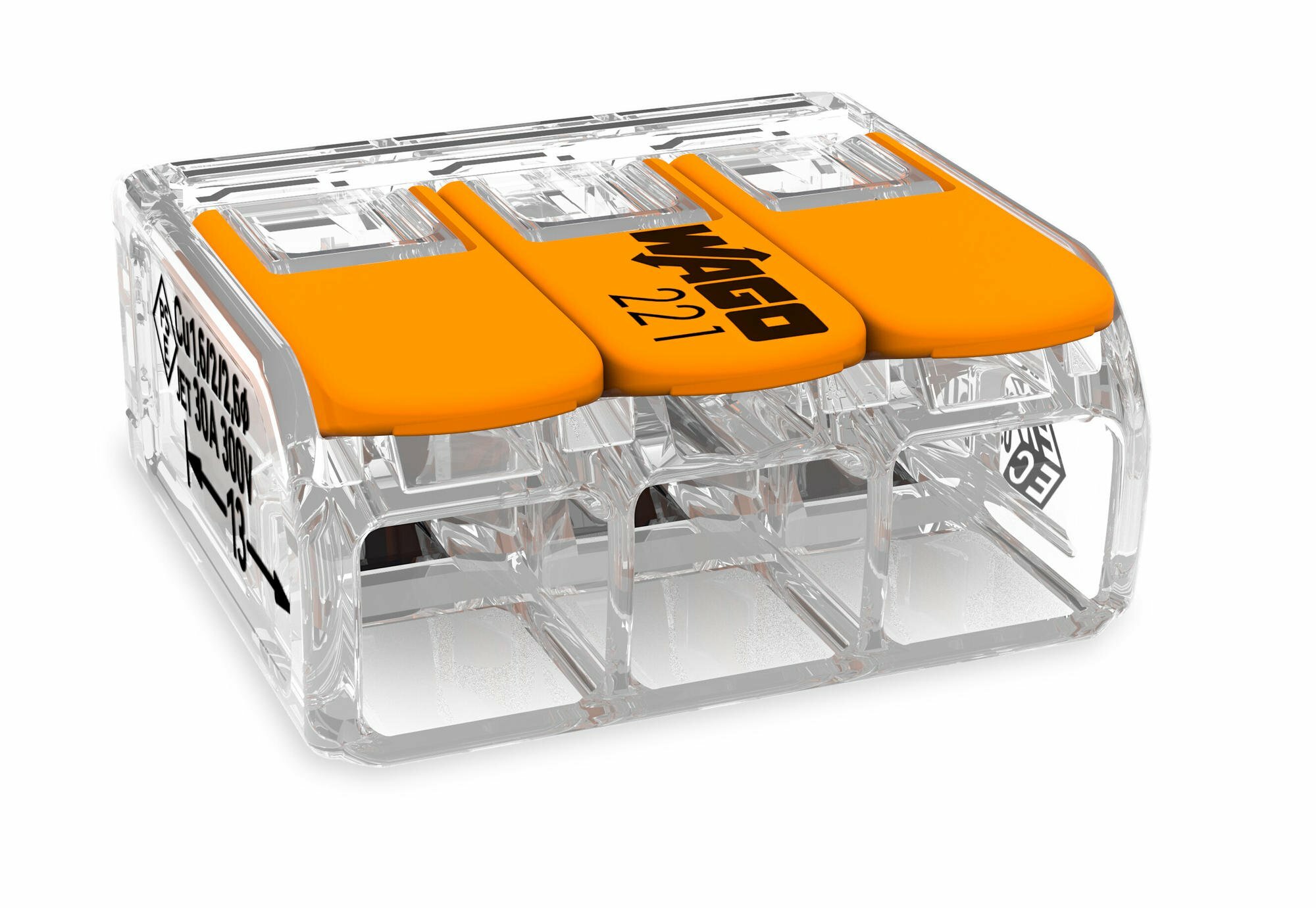 Клеммы Wago 221-613 с рычагами на 3 проводника до 6,0 кв. мм. 41А, прозрачные, без пасты, в коробке 30 шт.