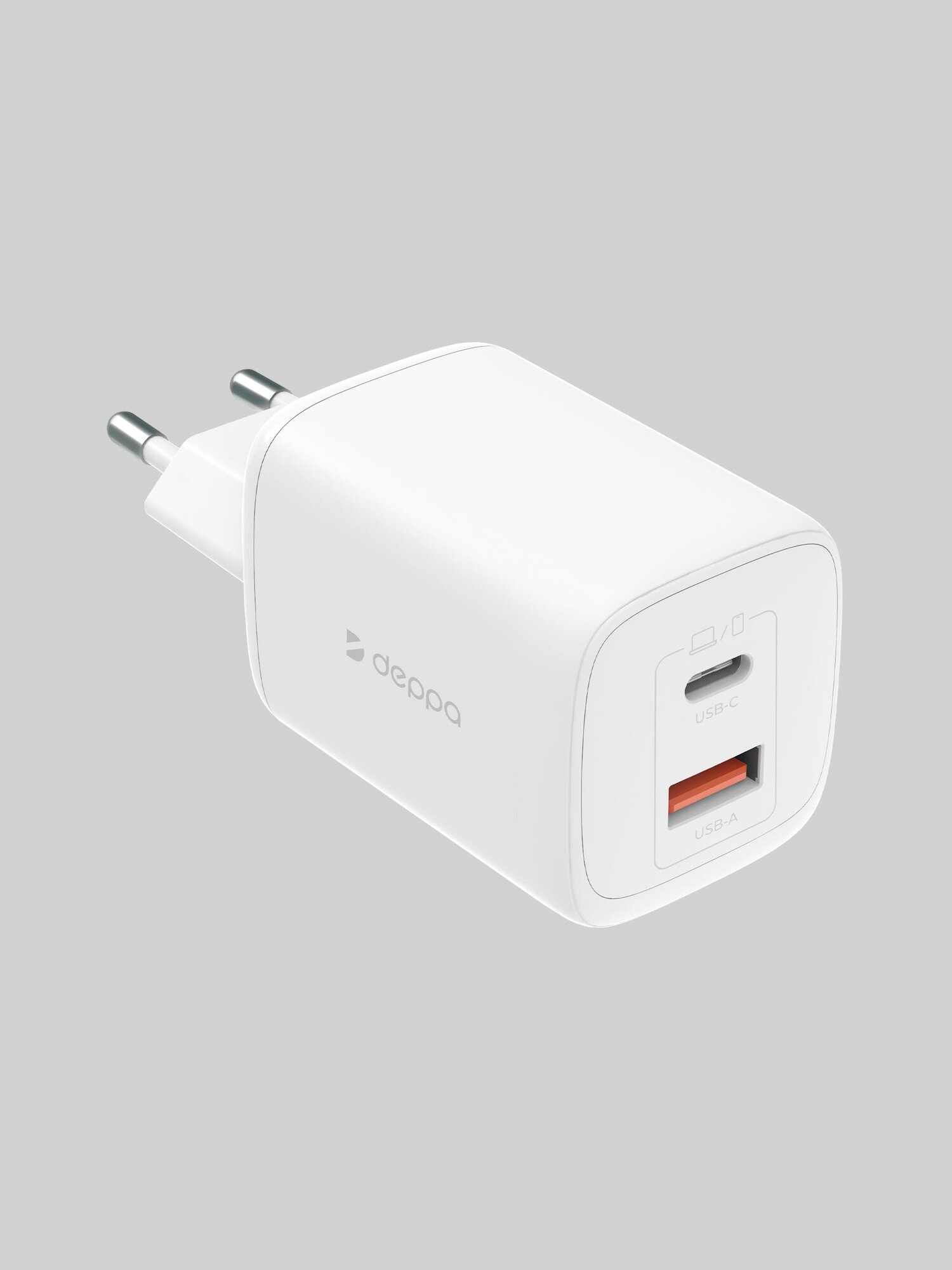 Зарядное устройство для телефона USB-C + USB-A, сетевое, быстрая зарядка, PD 3.0, QC 5.0, 65Вт, GaN, белый, Deppa, 11491