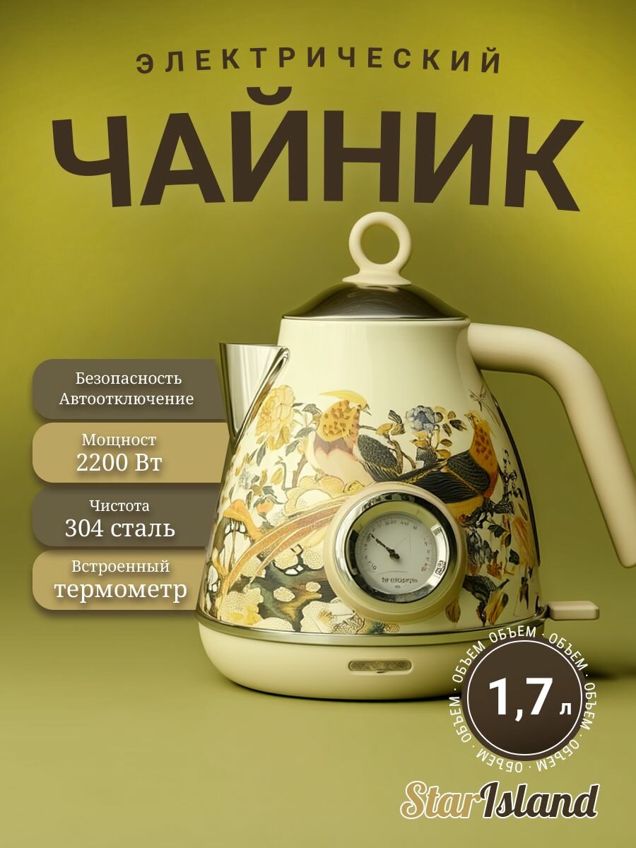 Электрочайник 1.7 л, винтажный стиль, с термометром, автоотключение, скрытый нагреватель, оливковый цвет