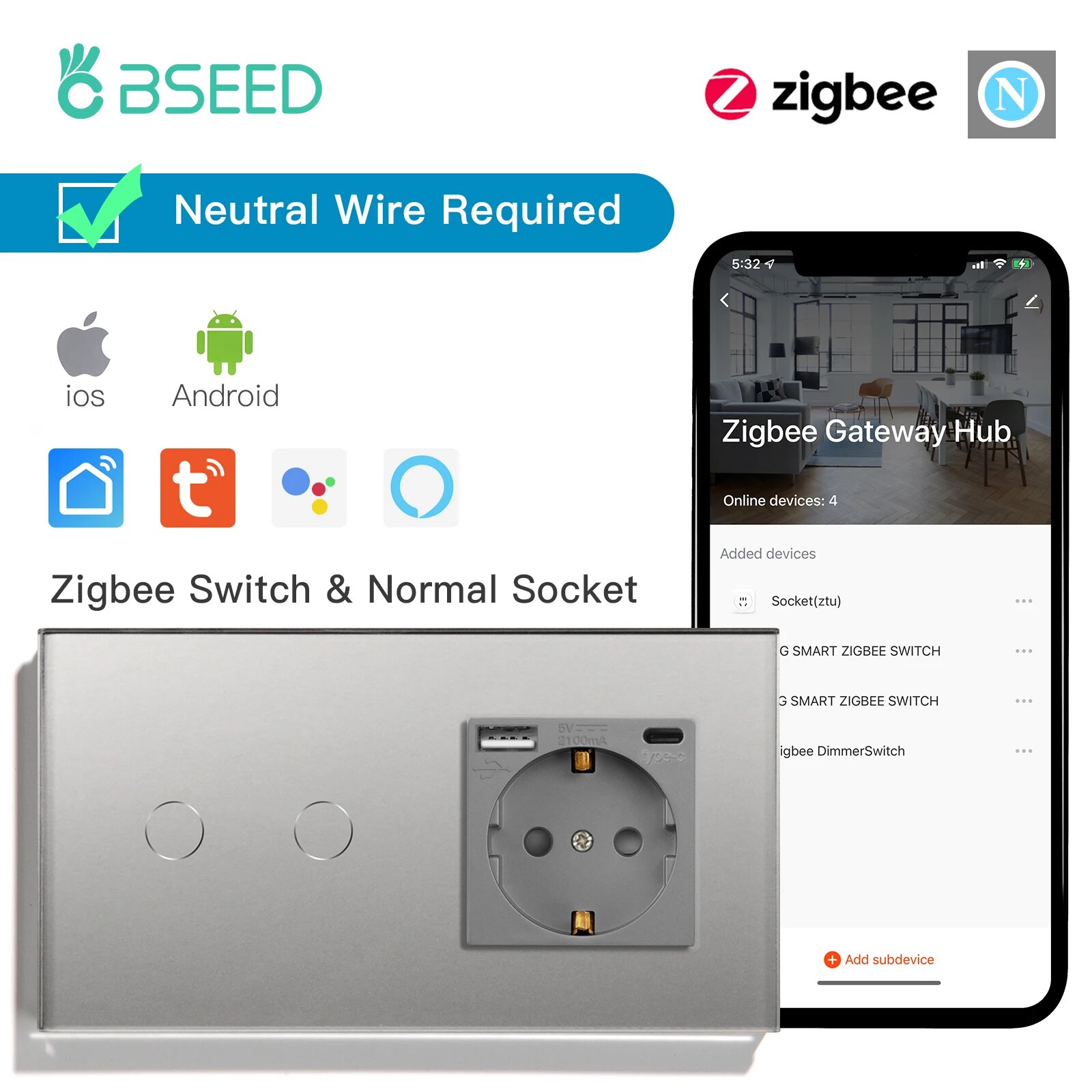 Умный выключатель BSEED Zigbee 1/2/3 клавиш с розеткой USB Type-C