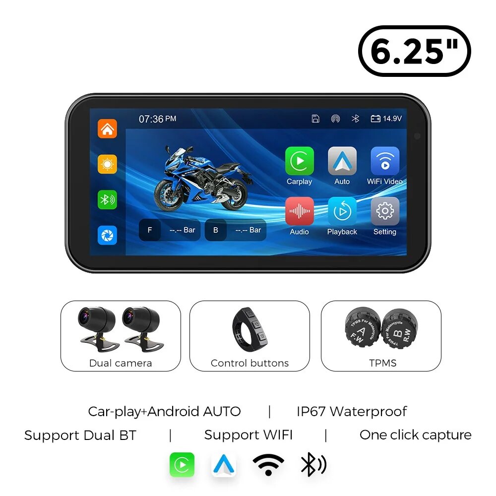 6,25 дюймовый сенсорный мотонавигатор Moto CarPlay Dual для Bluetooth IP67 водонепроницаемый беспроводной CarPlay Android автомобильный видеорегистратор, Черный
