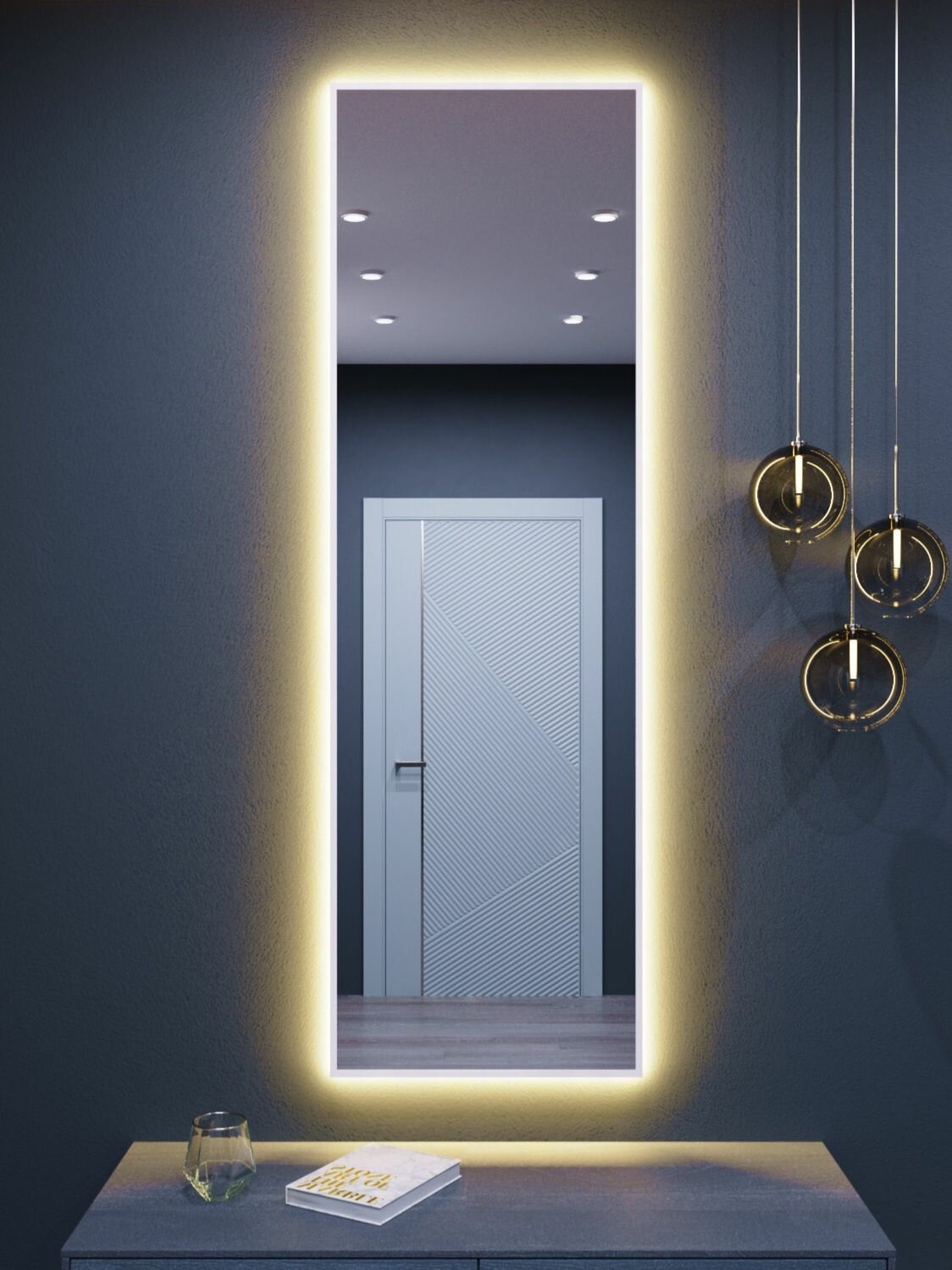 Зеркало в ванную 150х50 см. белое с подсветкой. Свет: Теплый белый 3000К В алюминиевой раме настенное MOONRISE