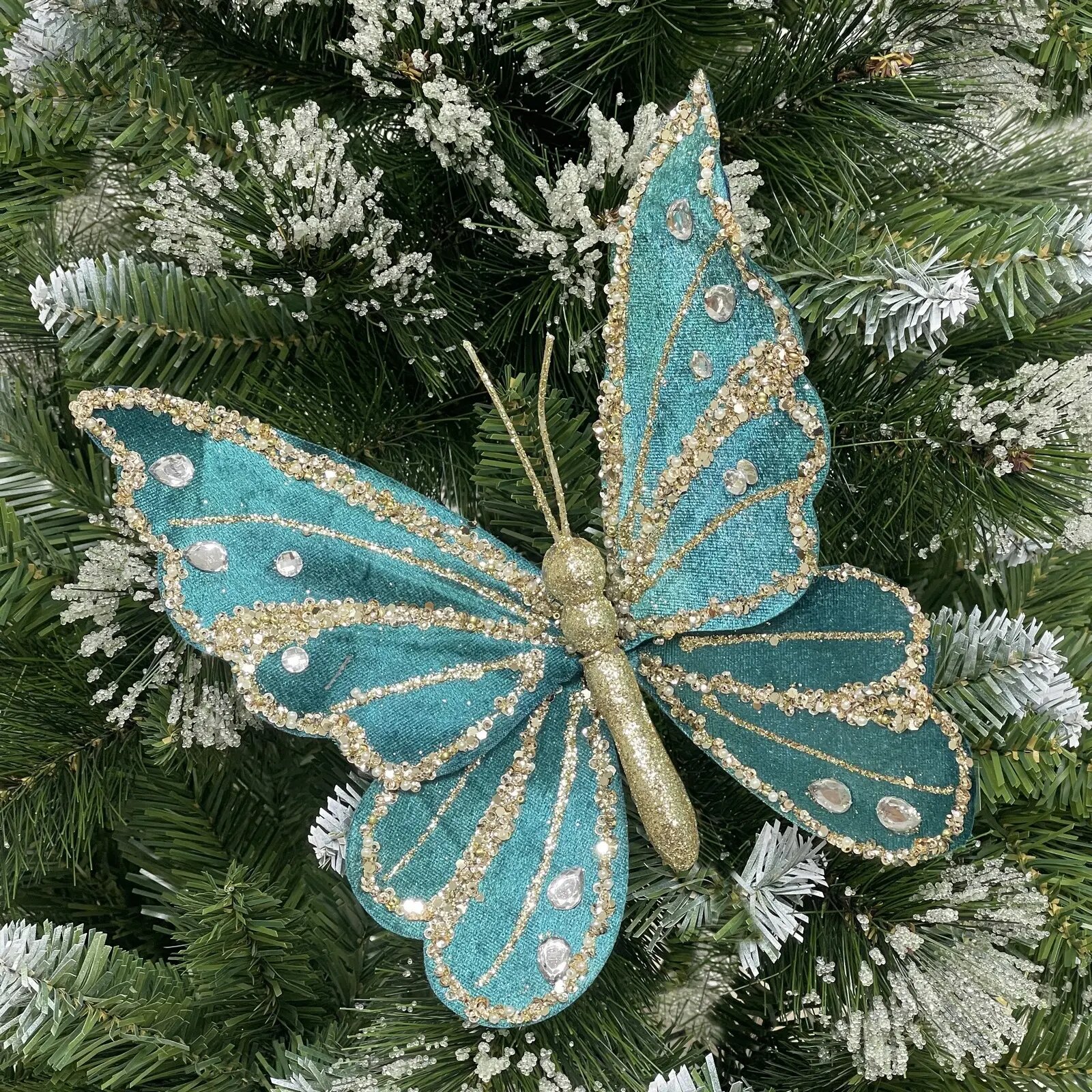 Украшение новогоднее "Нежная бабочка" 19х19см, бирюзовое с золотистым декором, крепление-зажим