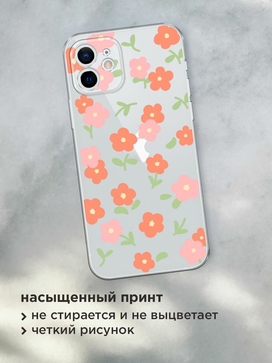 Чехол на Apple iPhone 12 mini / Айфон 12 Мини с принтом "Красные цветочки рисунок", прозрачный — фото 1